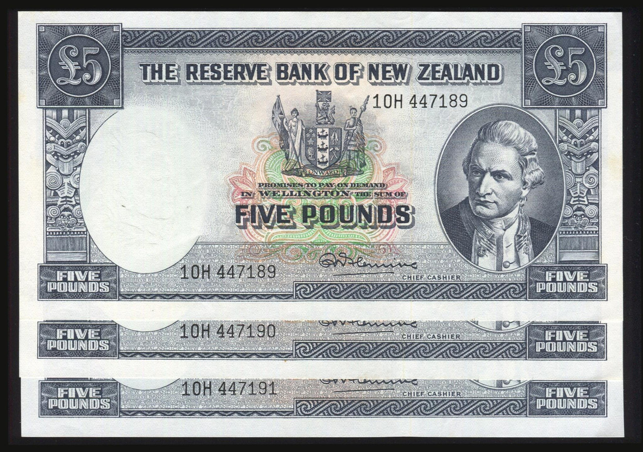 New Zealand - 5 Pounds - Fleming - Consecutive Trio - 10H 447189 ...