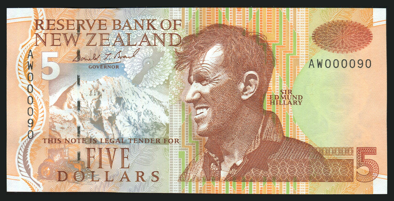 New Zealand - $5 - Brash - First Prefix - Low Serial - AW000090 - aUnc