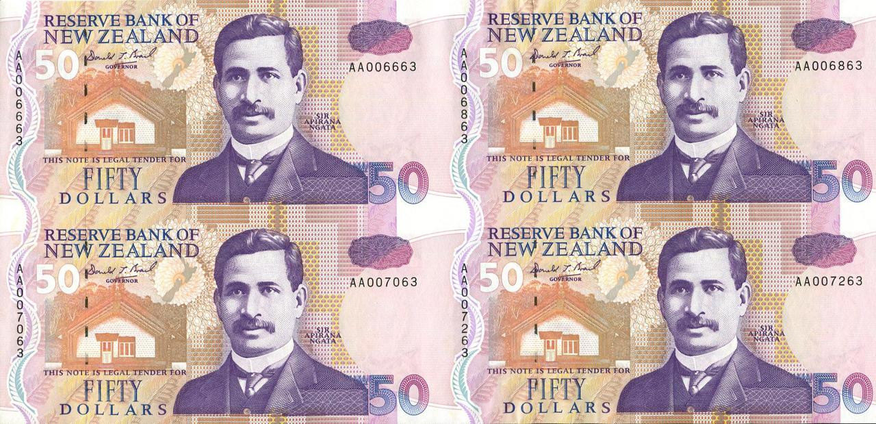 New Zealand - 1992 - $50 Uncut Block Of 4 - Paper Notes - AA Prefix ...