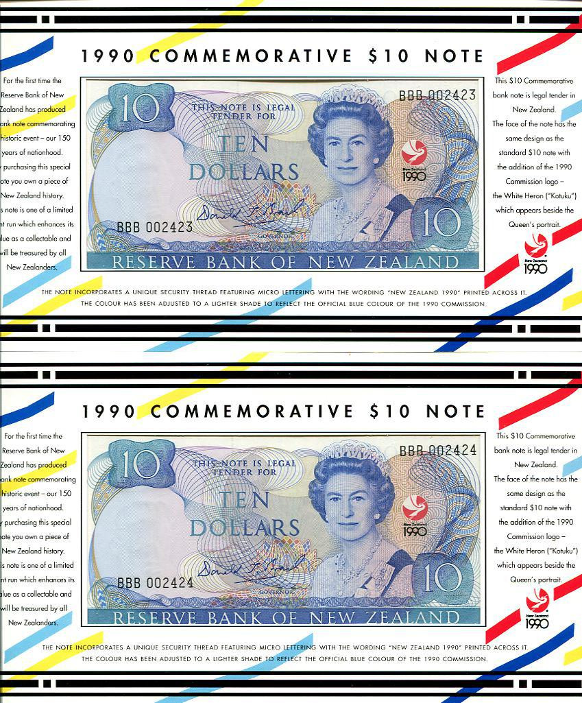 New Zealand - 1990 - $10 Commemorative Note In Folder - Consecutive ...