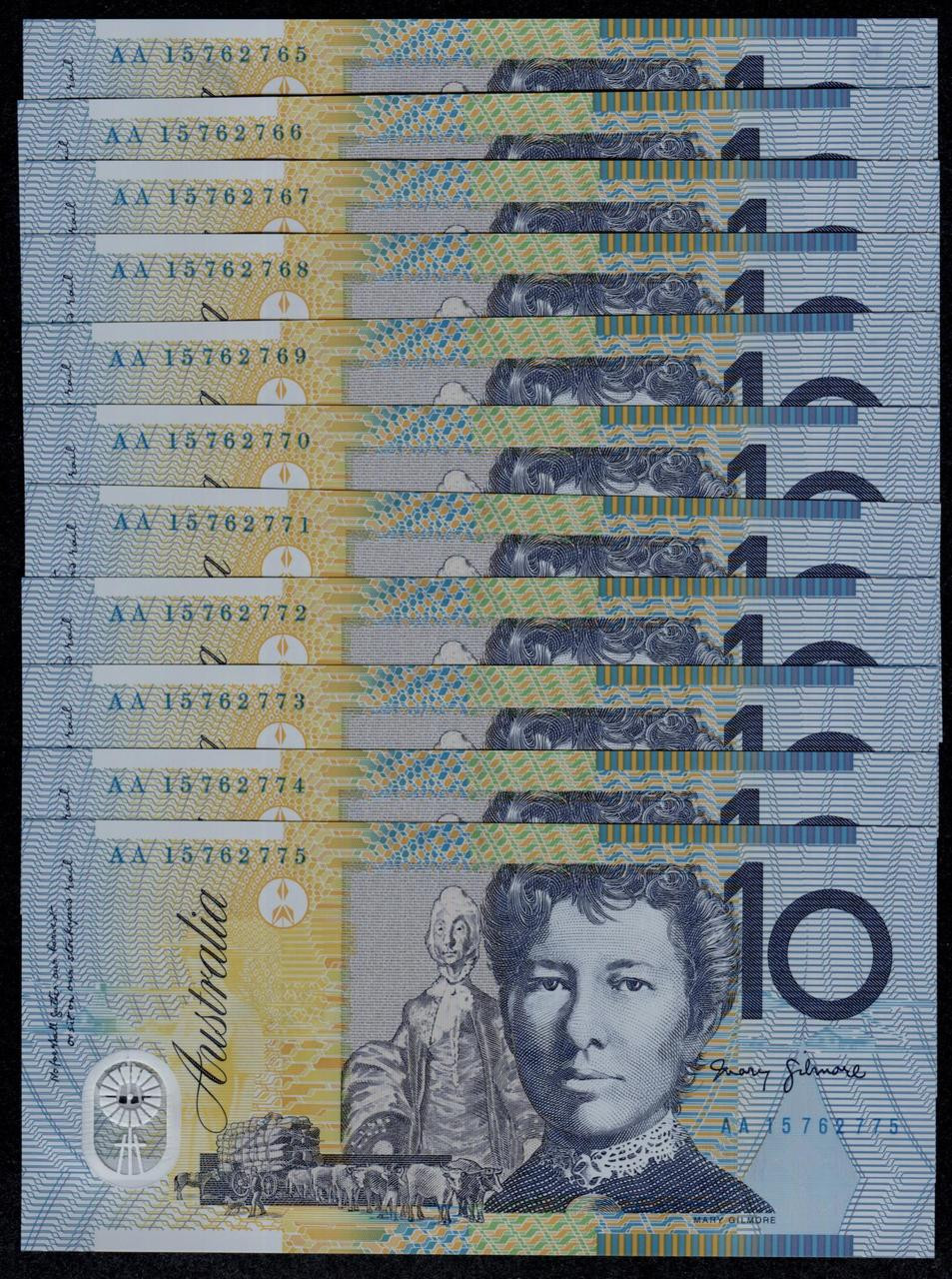 Australia - 2015 - $10 AA15 - 11 Consecutive Notes - First Prefix Run ...