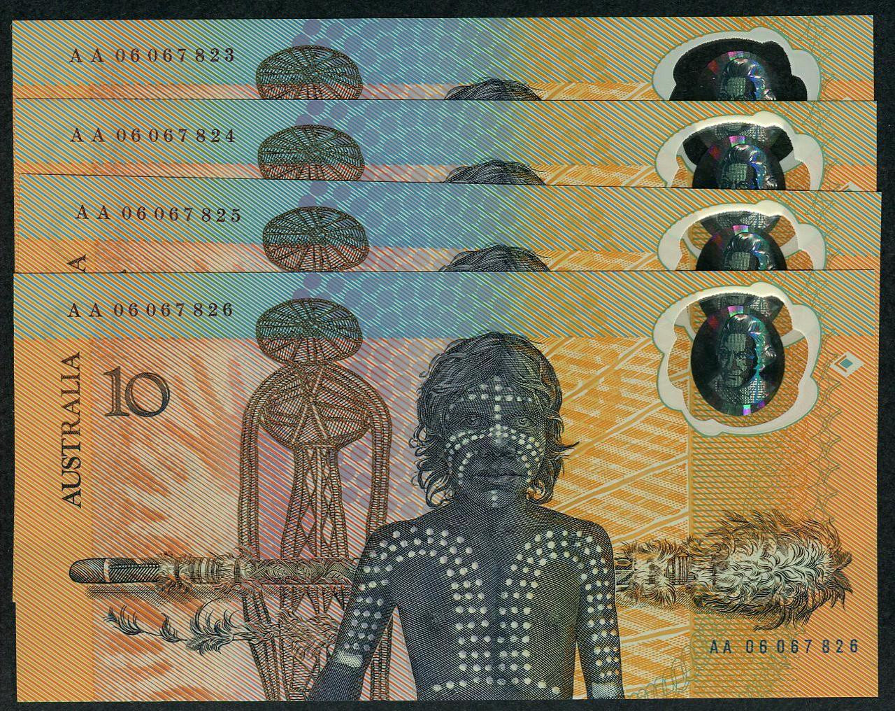 Australia - 1988 - $10 Polymer 4 Consecutive Notes - AA06 067823 - AA06 ...