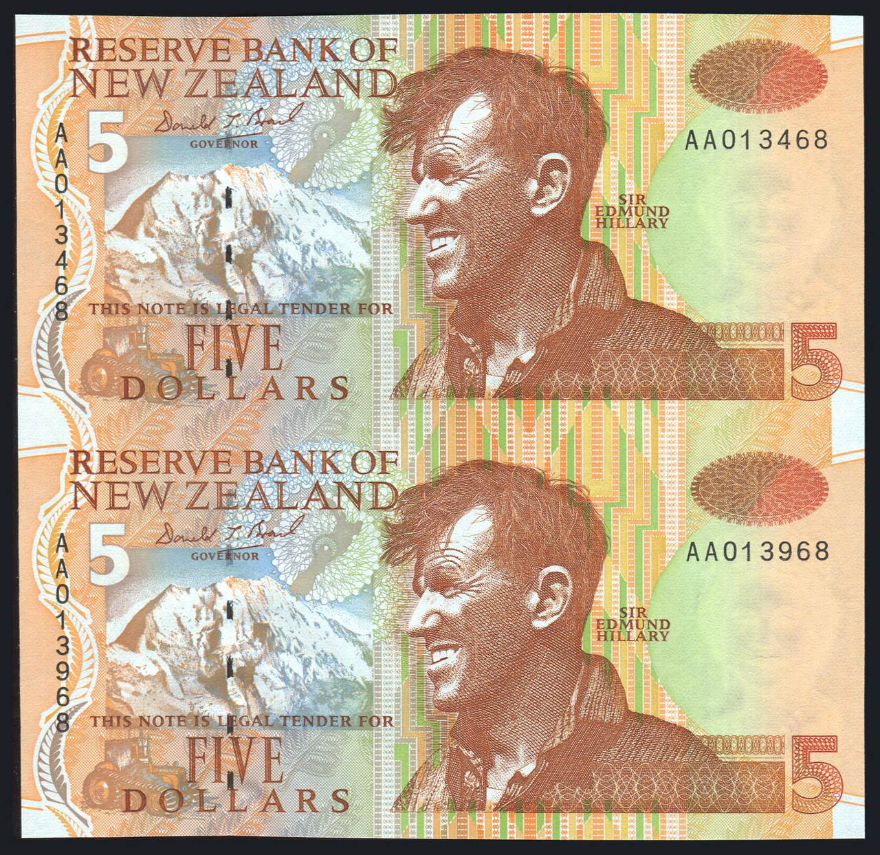 New Zealand - $5 - Brash - 1992 - Uncut Pair - AA013468/013968 - Unc ...