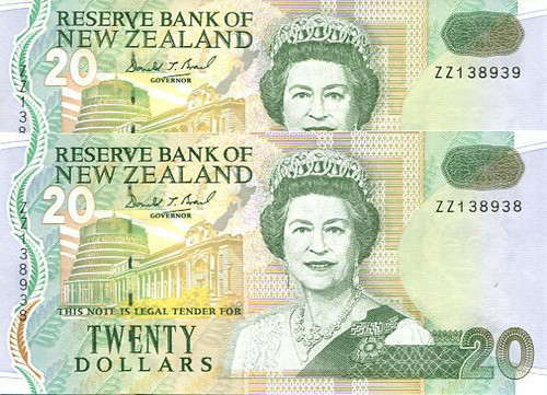 New Zealand - $20 Star Note Pair - Brash - 'Type 2' - ZZ138938 ZZ138939 ...