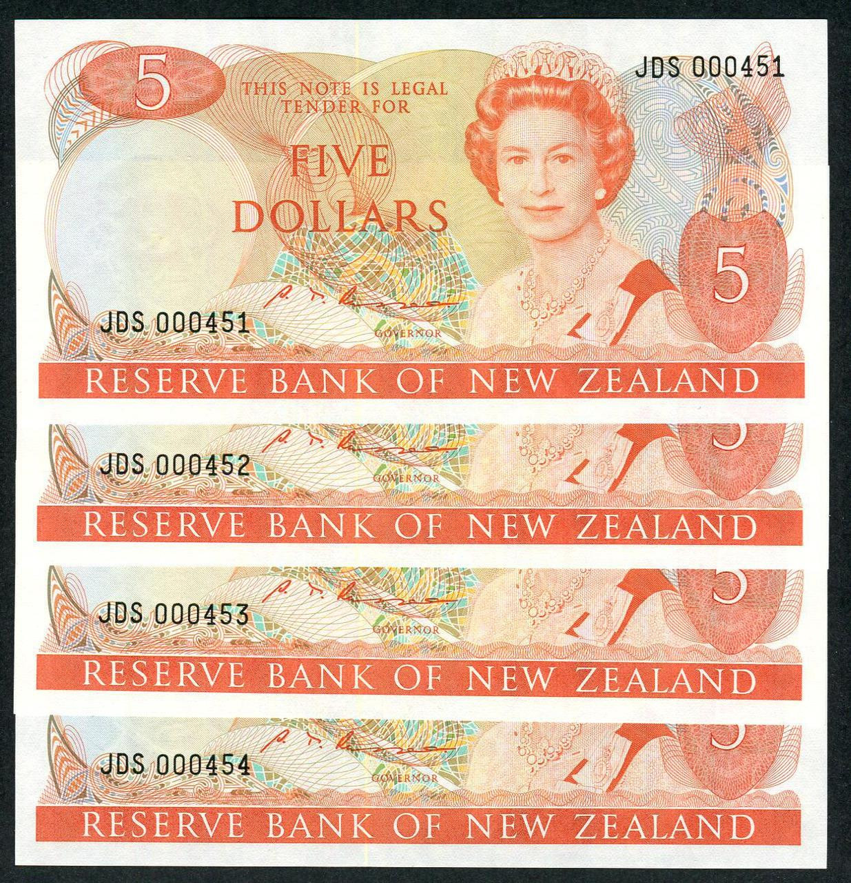 New Zealand - $5 - 4 Consecutive Notes - Russell Special Prefix ...