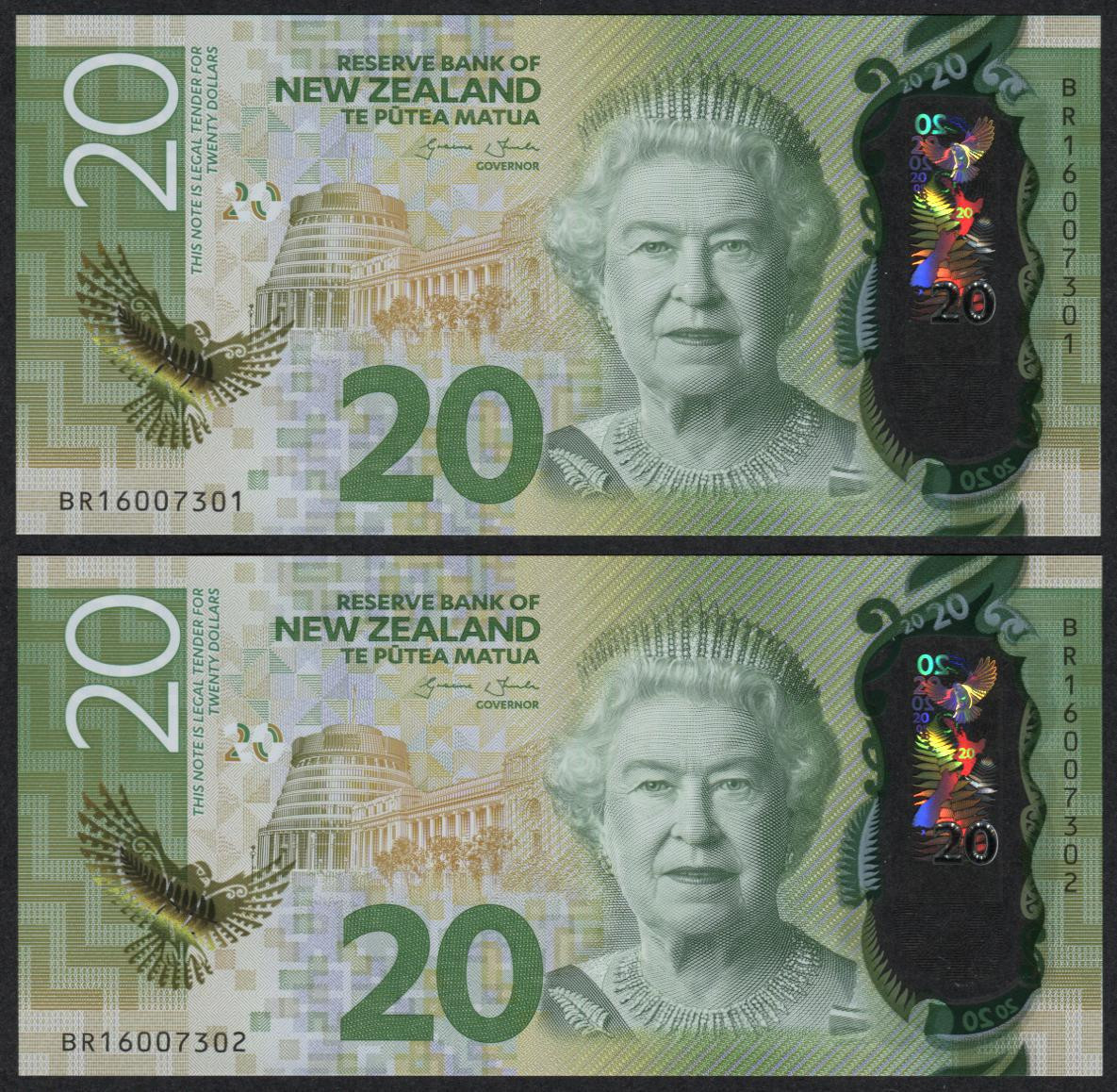 New Zealand - $20 Polymer Note Pair - Wheeler - BR16 007301 - BR16 ...