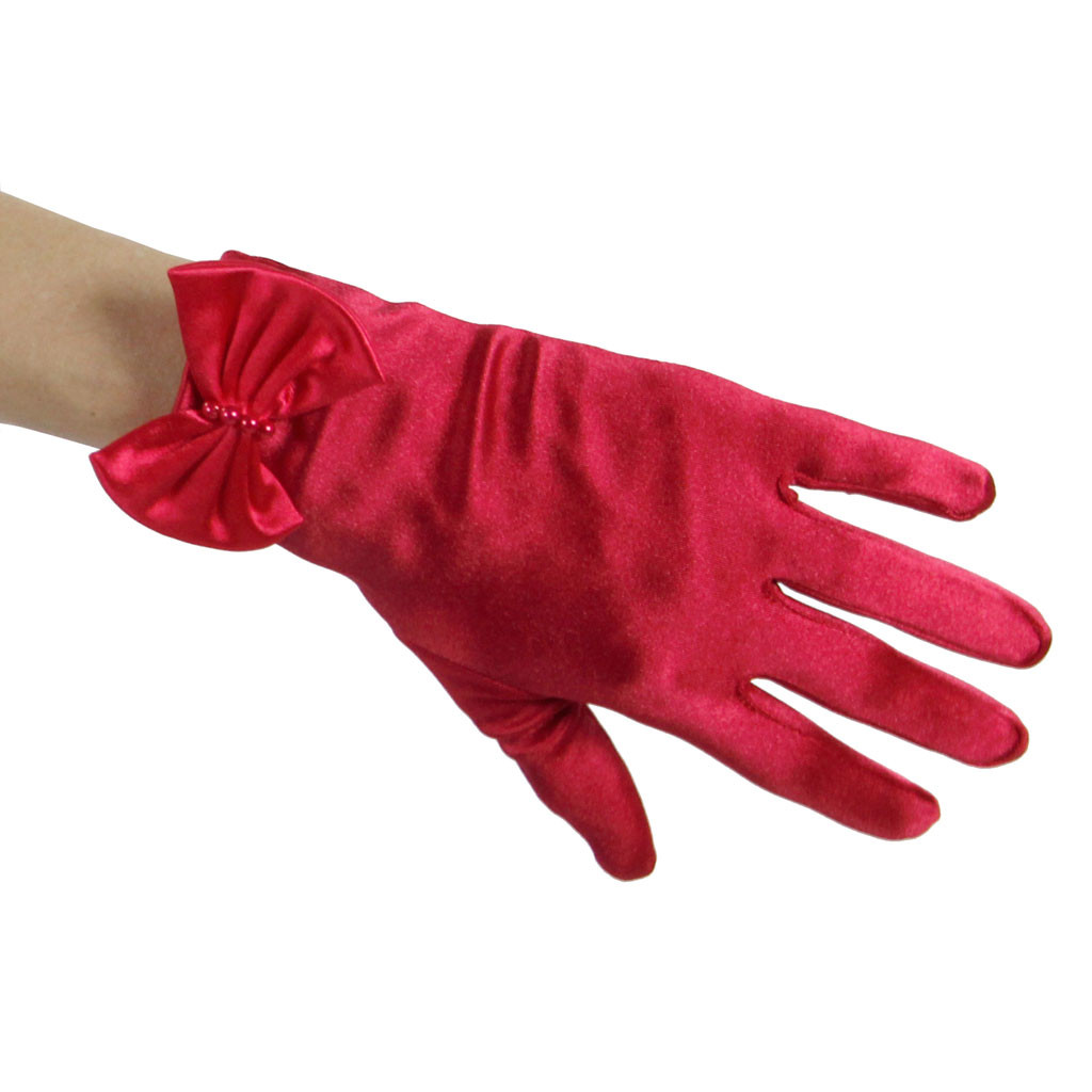 Ruby Red Shiny Satin Wrist Length Gloves with Gathered Beaded Bow
