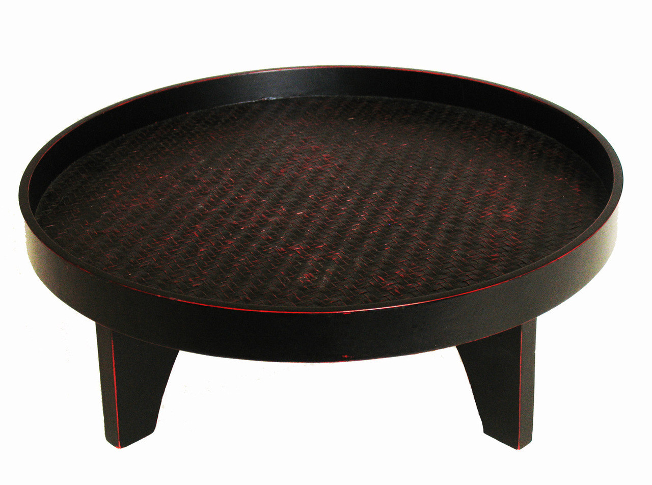 Round Serving Tray On Base - Wood w/Hand Woven Bamboo Inlay - Black ...