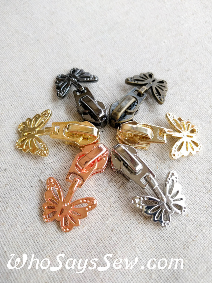4 Butterfly ZIPPER SLIDERS/PULLS for Continuous SIZE 5 Nylon Chain ...