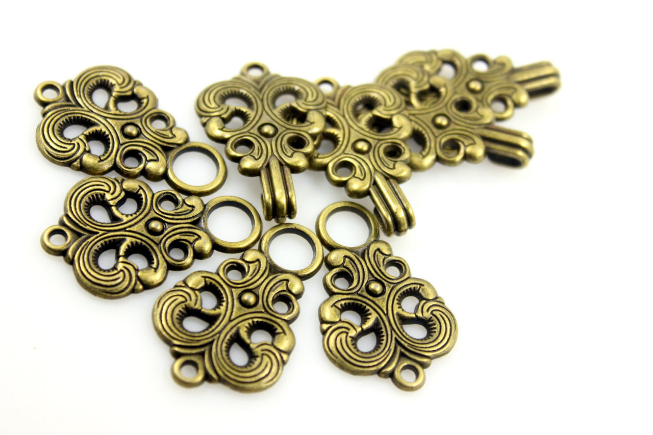Baroque Swirl Cloak Clasp Antique Brass Fasteners. 5 Pairs.
