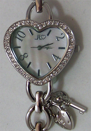 Jennifer Lopez Watch White MOP Heart Wristwatch with Lock and Key