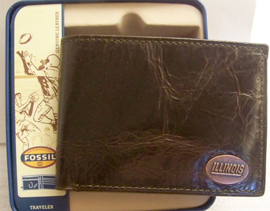 Illinois Fighting Illini Wallet Fossil Mens Brown Leather Billfold
