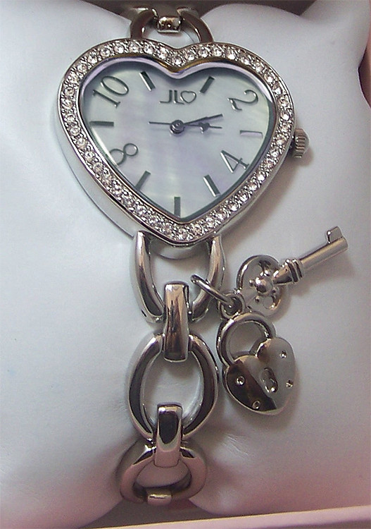 Jennifer Lopez Watch White MOP Heart Wristwatch with Lock and Key