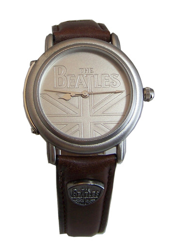 The Beatles Watch in Wooden Guitar Case Metallic Name Logo With Flag