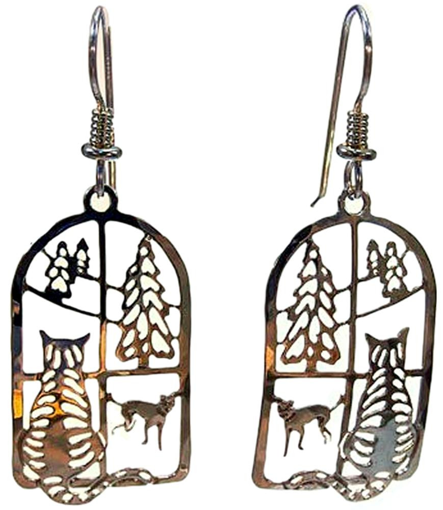 Wild Bryde Tabby Cat at Window with Tree & Dog 14kt Gold Plated Earrings