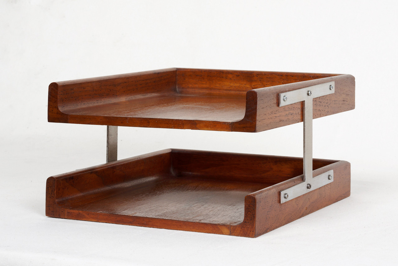 SOLD - 1960s Two-Tier Walnut Paper Tray - Rehab Vintage Interiors
