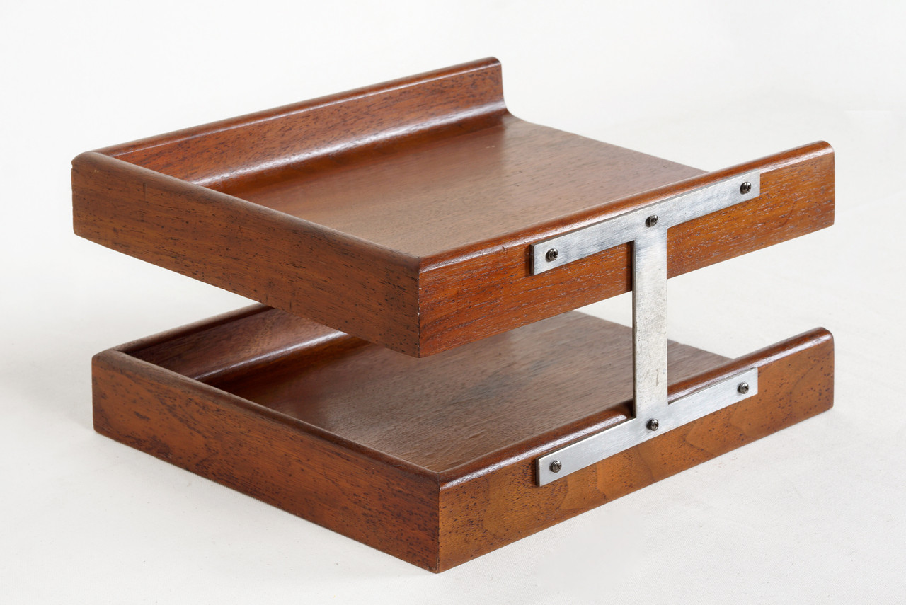 SOLD - 1960s Two-Tier Walnut Paper Tray - Rehab Vintage Interiors
