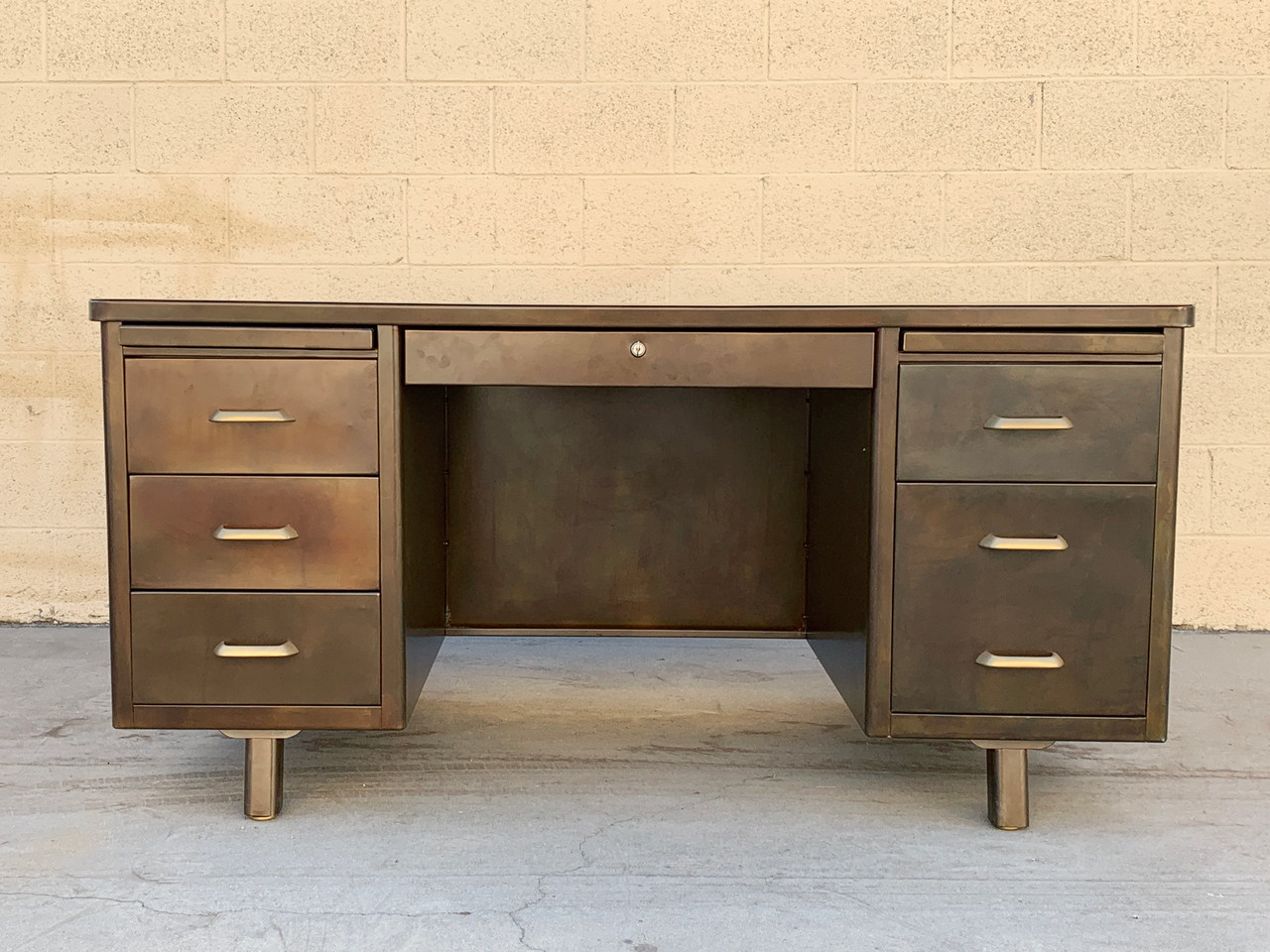 Mid Century Tanker Desk Custom Refinished in Acid Wash Patina Rehab Vintage Interiors