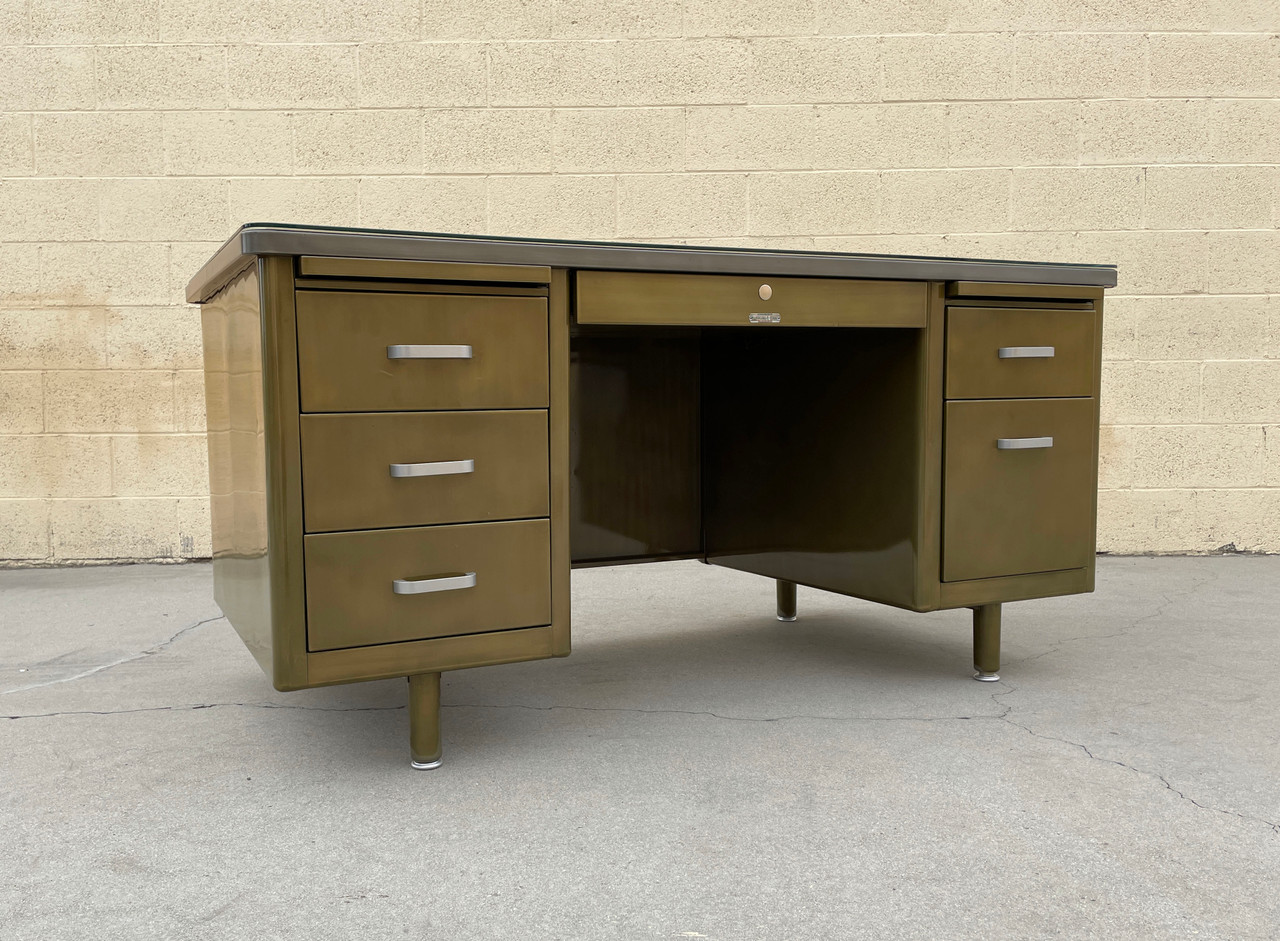 1960s Double Pedestal Tanker Desk Refinished in Brass w Natural Steel Top