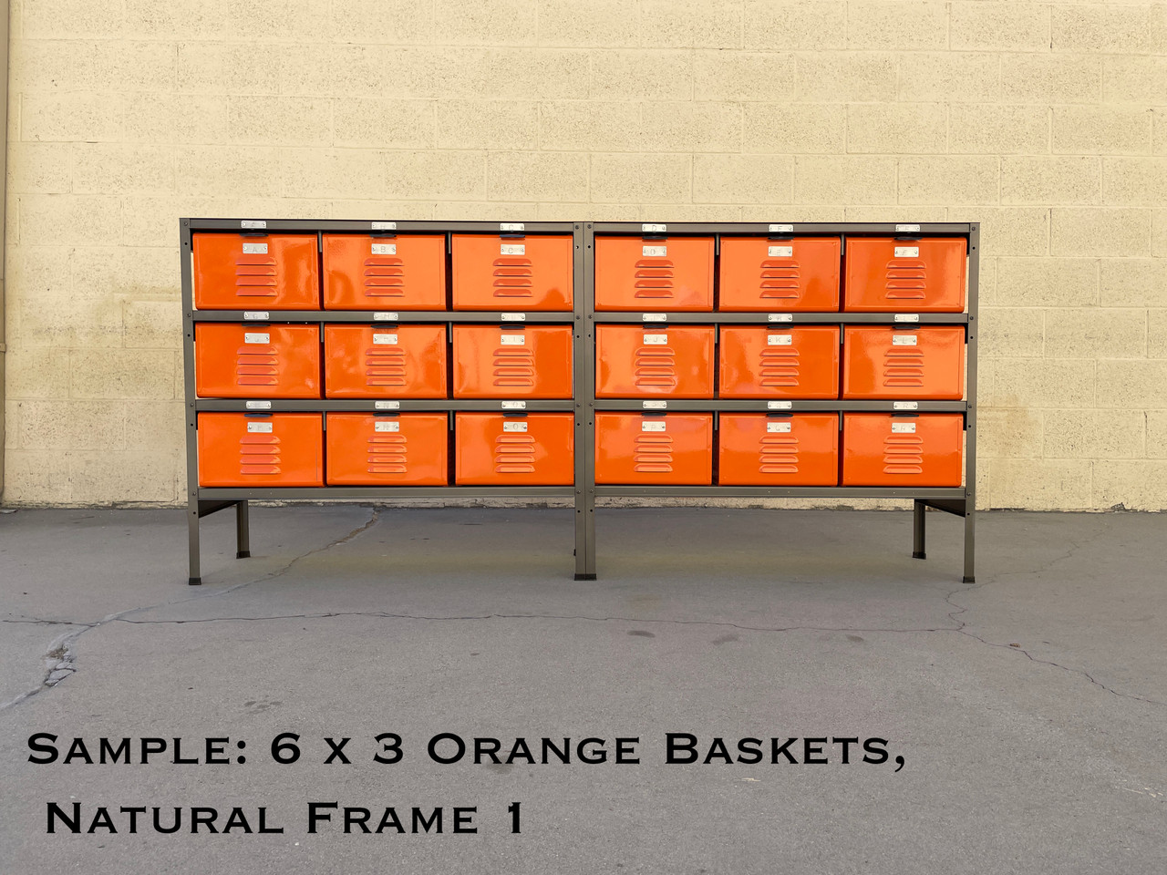 6 x 3 Locker Basket Unit, Orange Baskets and Natural Steel Frame ...