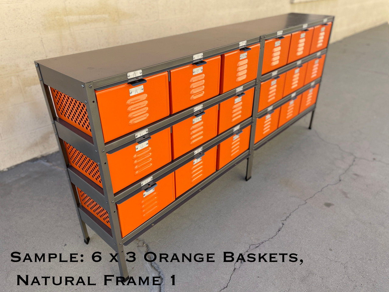 6 x 3 Locker Basket Unit, Orange Baskets and Natural Steel Frame ...