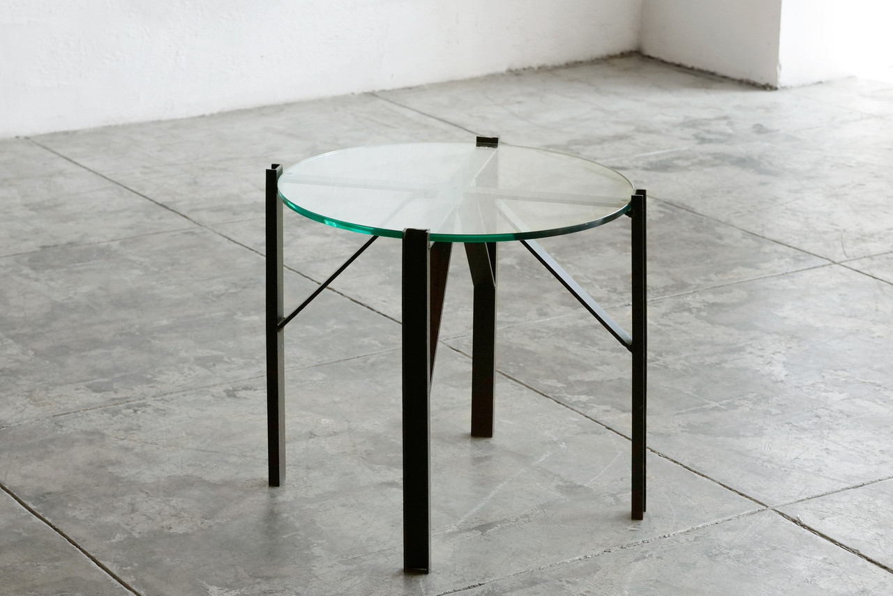 SOLD Custom Made Industrial Side Table, Oxidized Steel and Glass ...