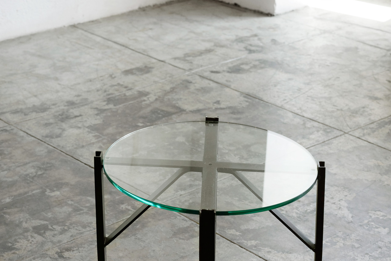 SOLD Custom Made Industrial Side Table, Oxidized Steel and Glass ...