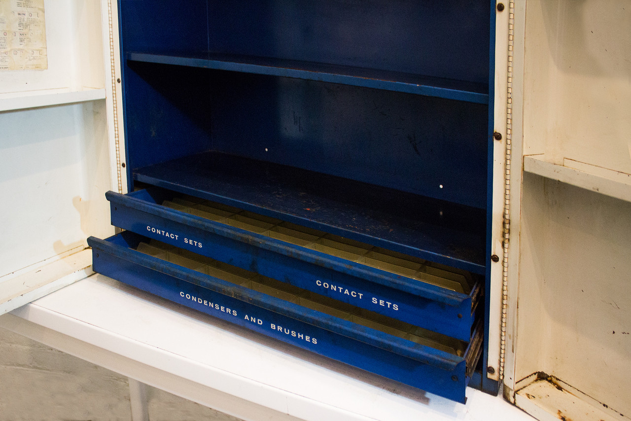 SOLD - Vintage Delco Parts Display Cabinet, 1960s - Rehab Vintage Interiors