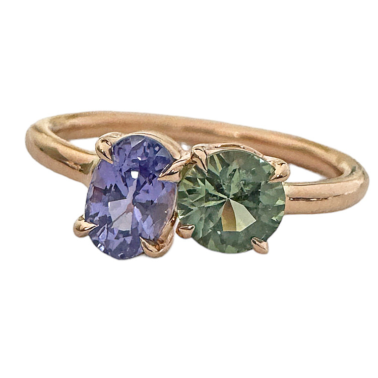 14K Rose Gold Round Green Sapphire Purple Oval Sapphire Two Stone Ring 1.22ct