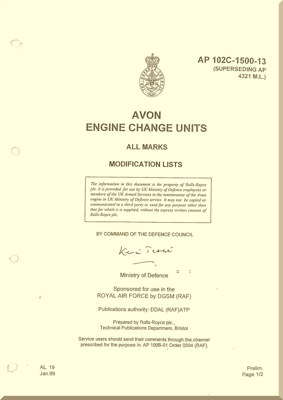 Rolls Royce Avon Mk. 1 Aircraft Engine Modification List Manual - A.L ...