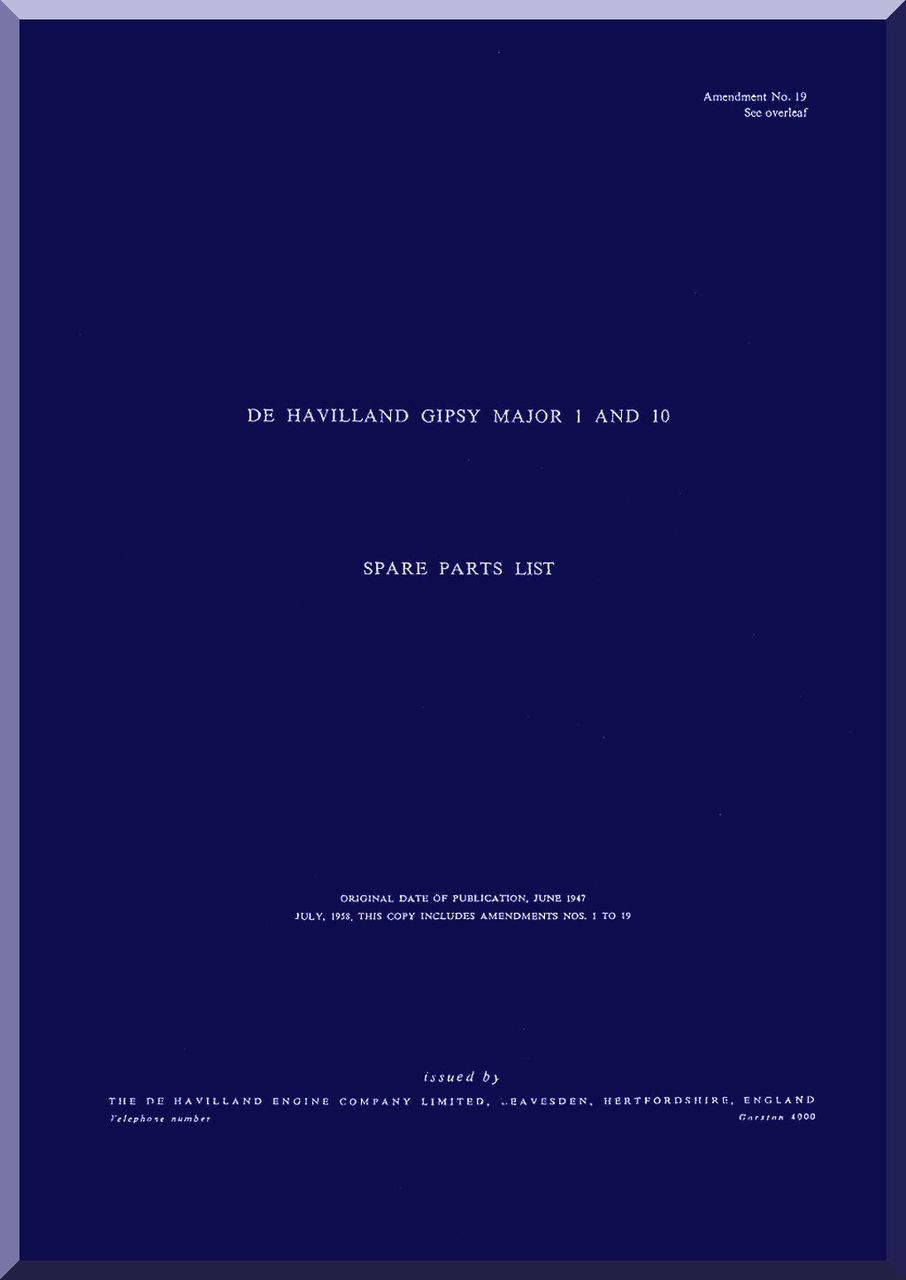 De Havilland Gipsy Major 1 to 10 Aircraft Engine Parts List Manual ...
