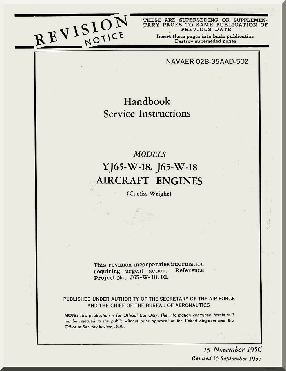 Wright YJ65-W-18, J65-W-18 Aircraft Engine Service Handbook Manual ...