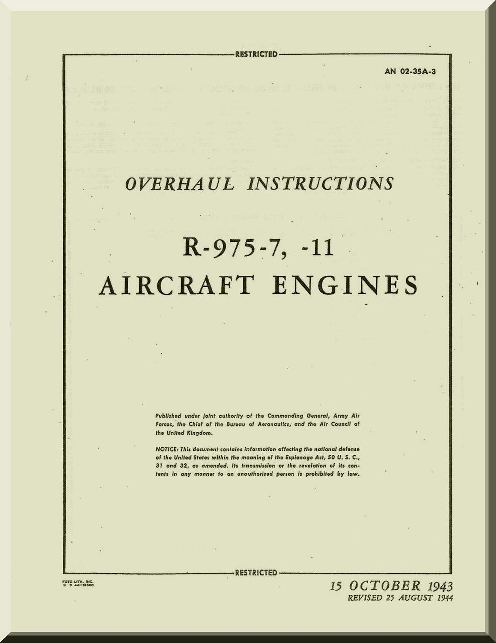 Wright R-975 -7 -11 Aircraft Engine Overhaul Manuall - 1943 - Aircraft ...