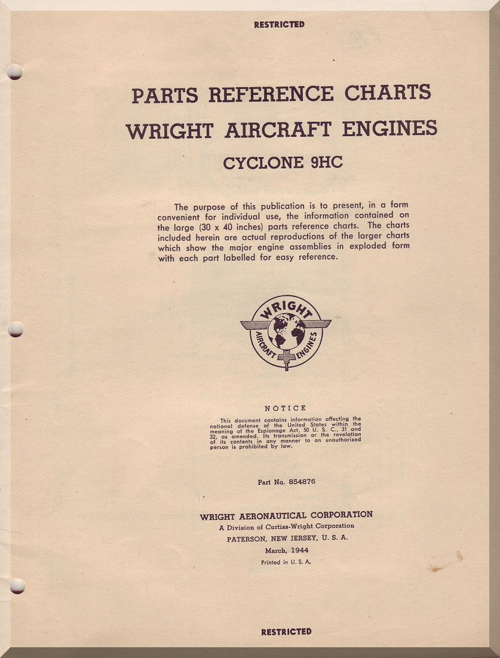 Wright R-1820 Cyclone 9 HC Aircraft Engine Parts Reference Charts ...