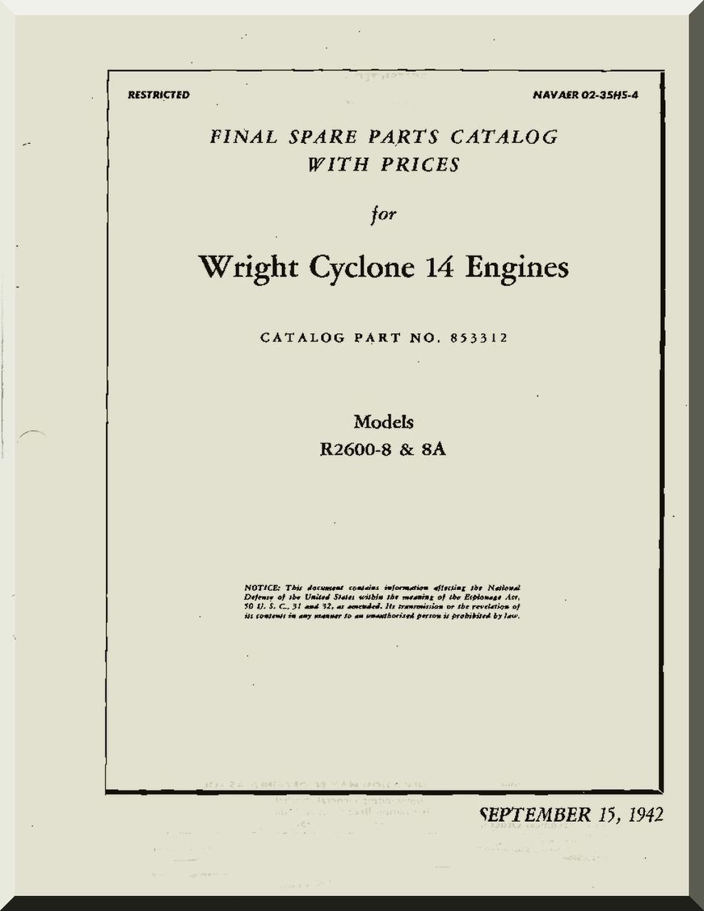Wright R-2600 -8 -8A Aircraft Engine Parts Catalog Manual ( English ...