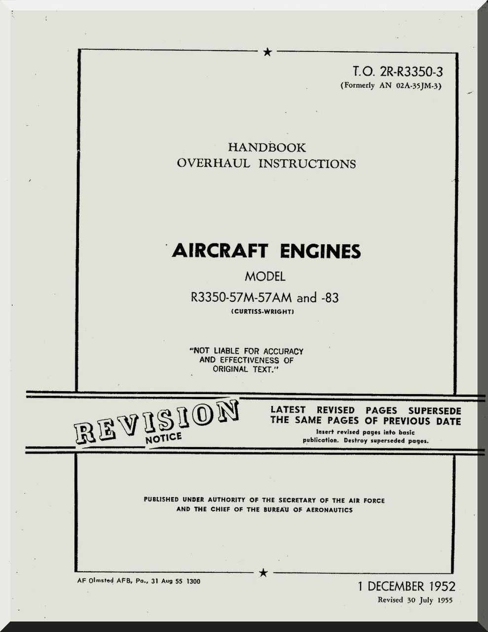 Wright R-3350 - 57M -57AM -83 Aircraft Engine Handbook Overhaul ...