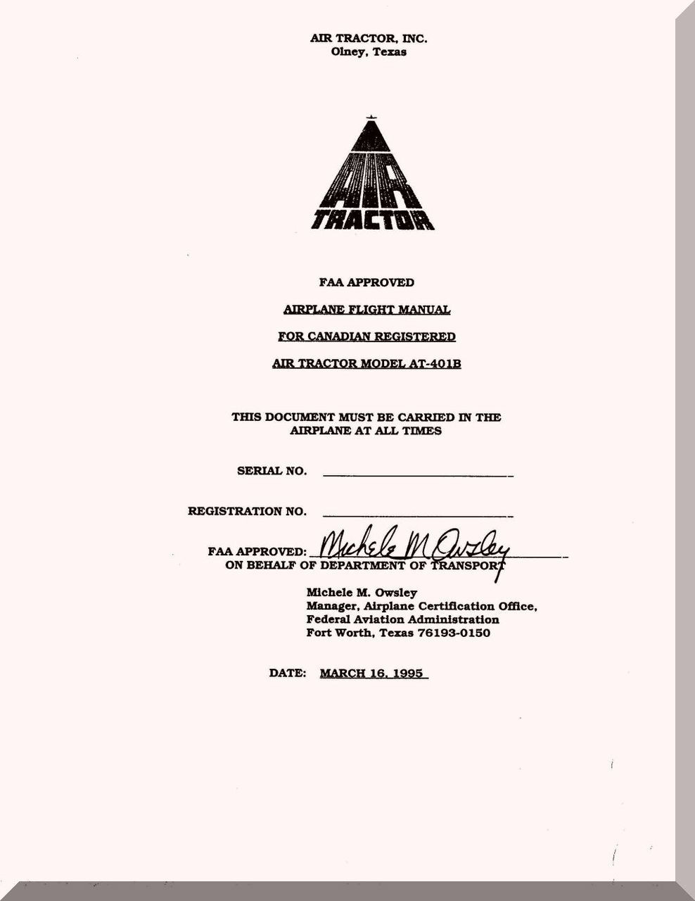 AirTractor 401B Aircraft Pilot's Operating Handbook and Airplane Flight ...