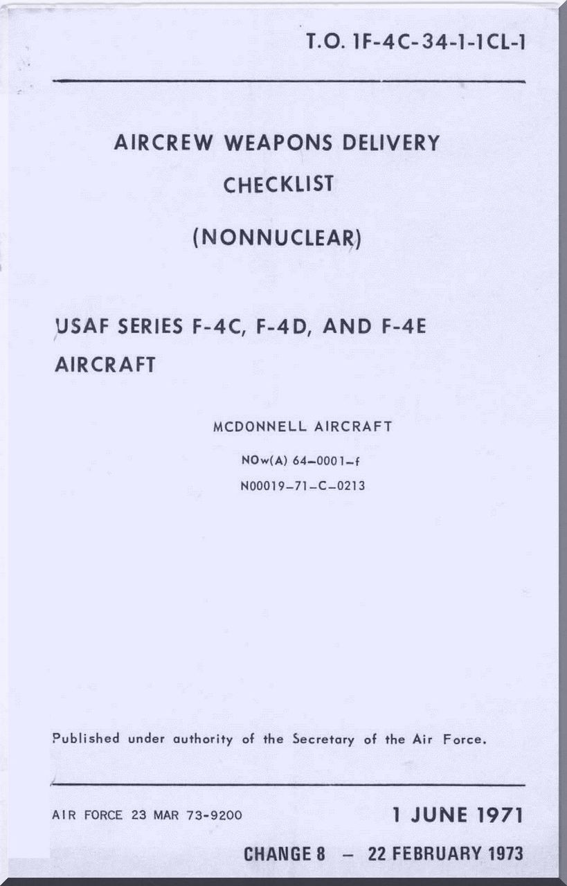 Mc Donnell Douglas F-4 C D E Aircraft Aircrew Weapon Delivery Checklist ...
