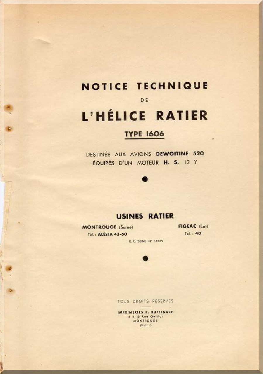 Ratier Propeller Type 1606 / Dewotine 520 Aircraft Propeller Manual ...