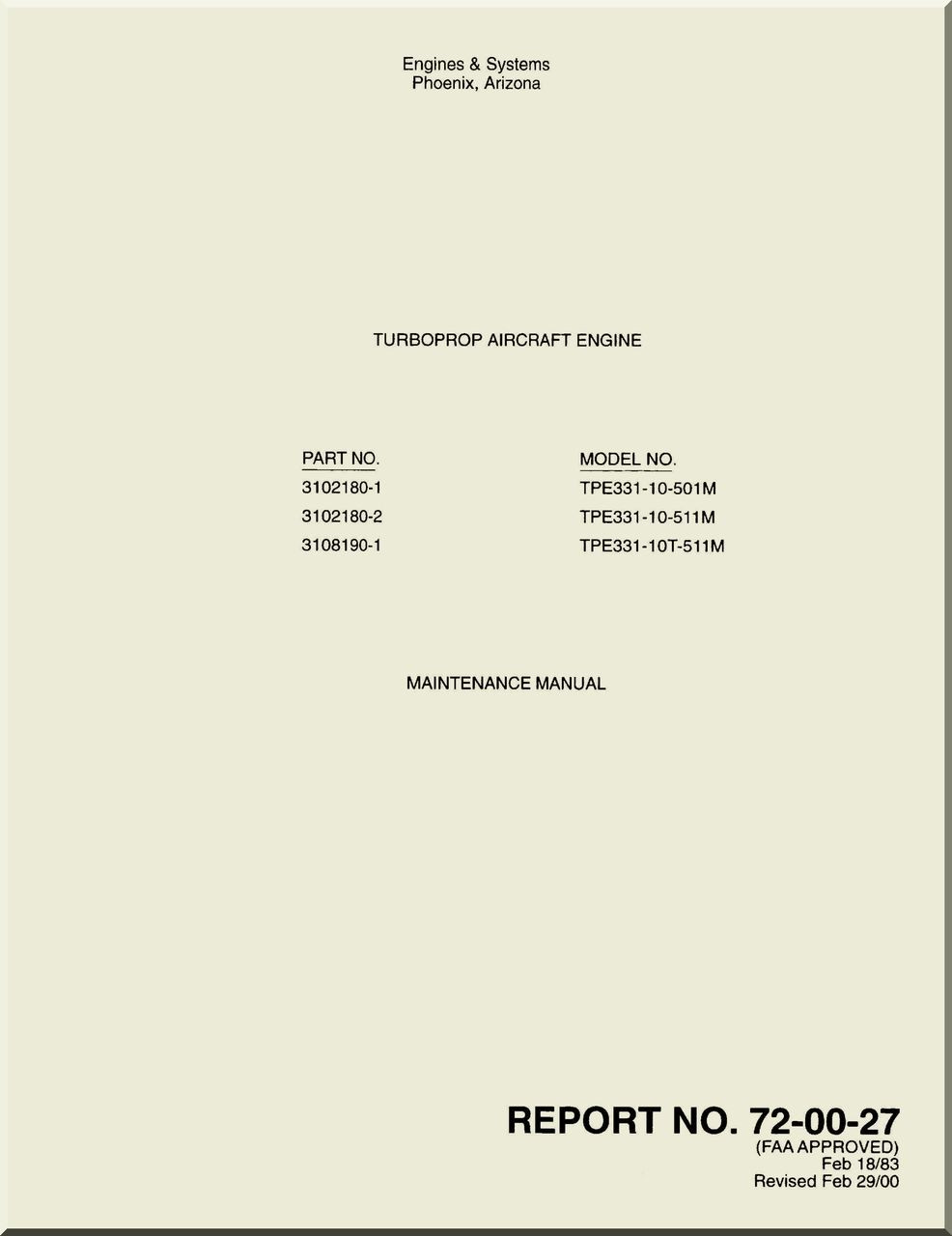 Allied-Signal / Garrett / Honeywell TPE3311-10 Turboprop Engine ...