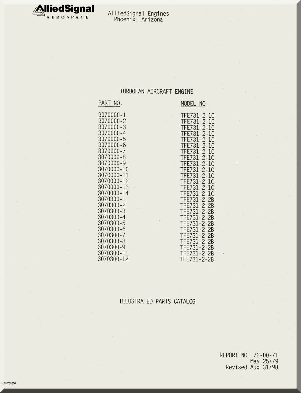 Allied-Signal / Garrett / Honeywell TFE731-2-1C, , -2B Turbofan Engine ...