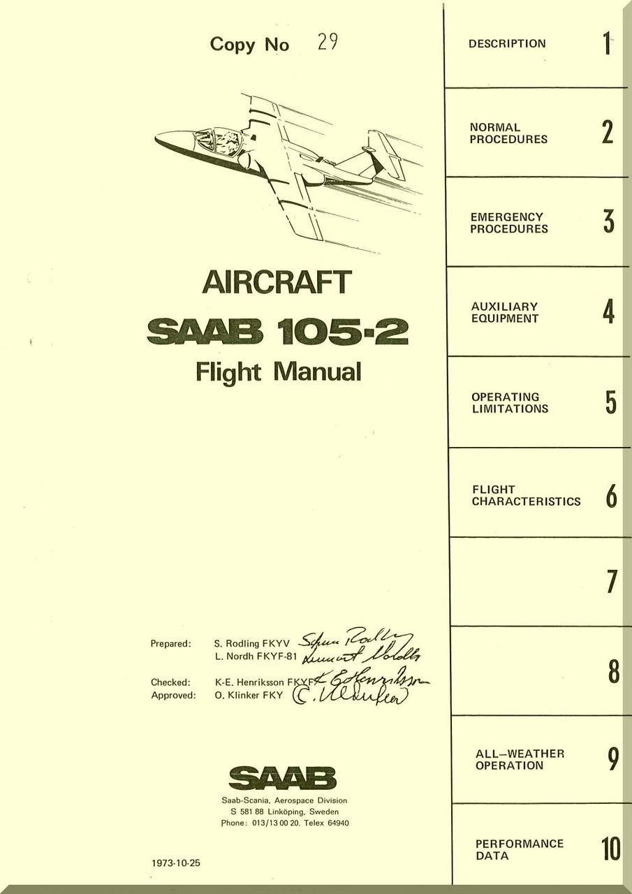 SAAB 105-2 Aircraft Flight Manual, ( English Language ) , 1975 ...