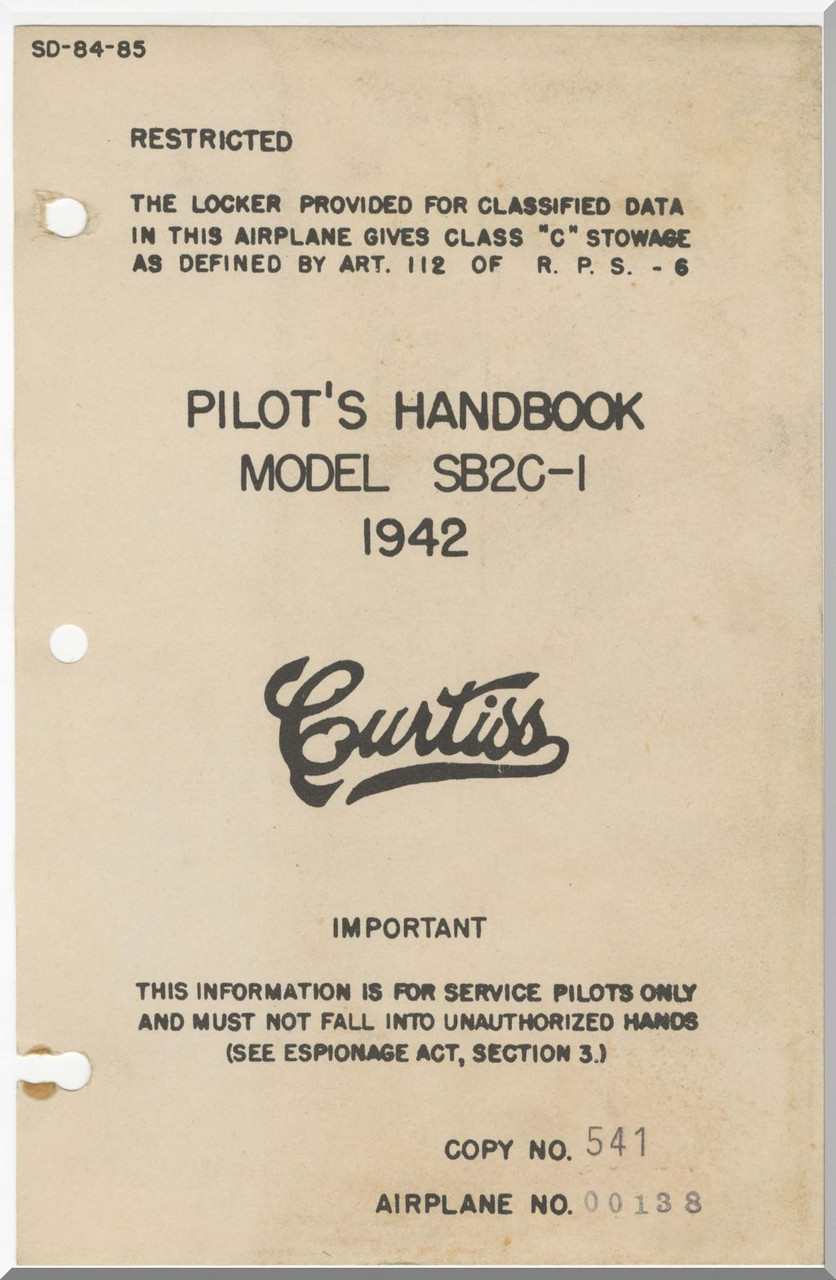 Curtiss SB2C-1 Aircraft Pilot's Handbook Manual - 1942 - Aircraft ...