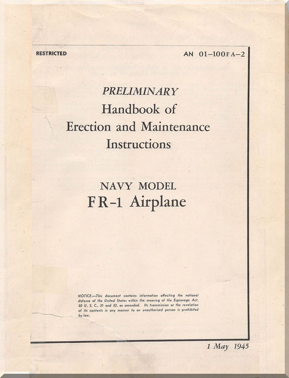 Ryan FR-1 Aircraft Handbook of Erection and Maintenance Instructions ...
