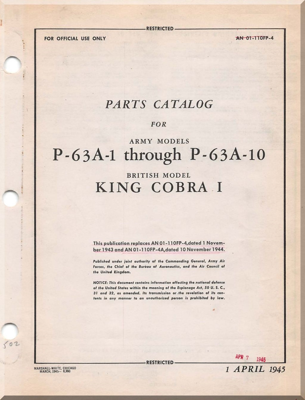 Bell Aircraft P-63 A-1 through P-63 A-10 Aircraft Parts Catalog Manual ...