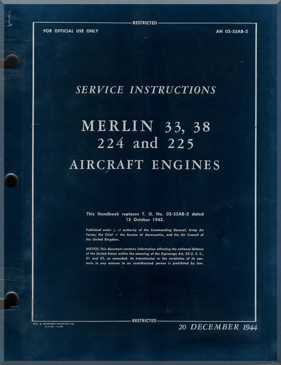 Rolls Royce Packard Merlin 33, 38, 224, 225 Aircraft Engine Service ...