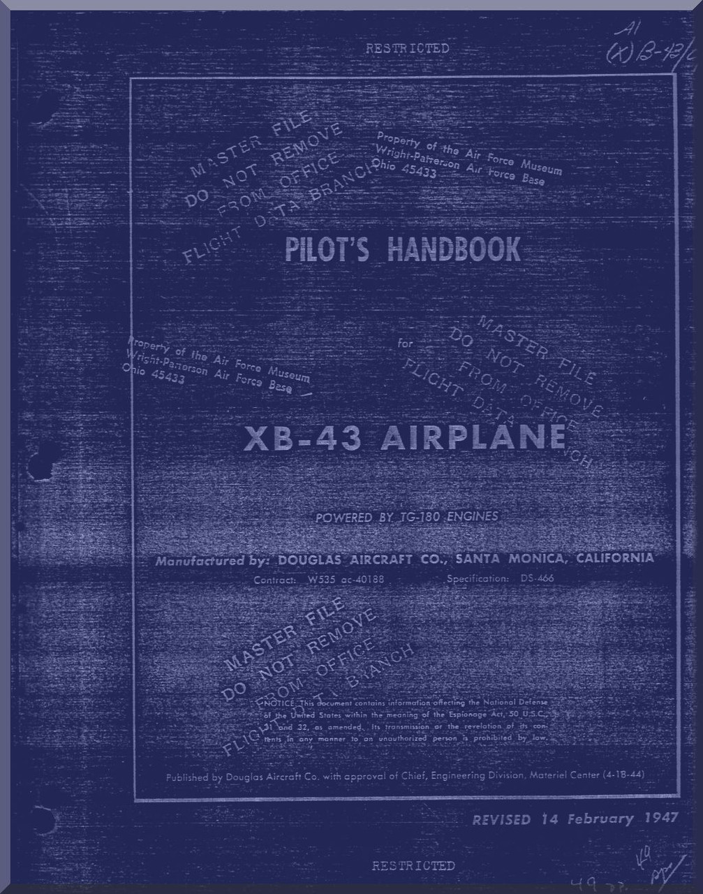 Douglas XB-43 Aircraft Pilot's Handbook Flight Operation Instructions ...