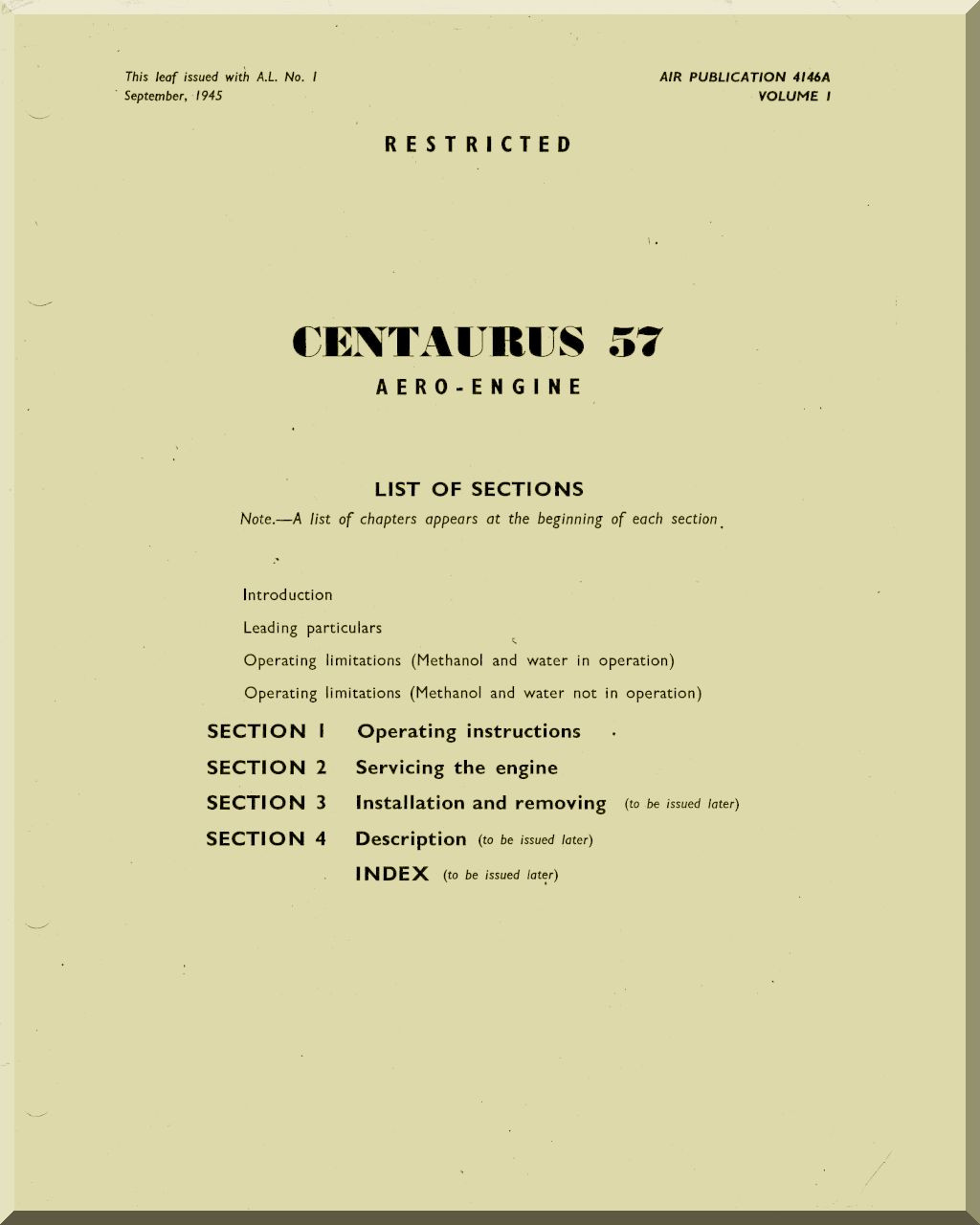 Bristol Centaurus 57 Aircraft Engine Instructions for Use and General ...