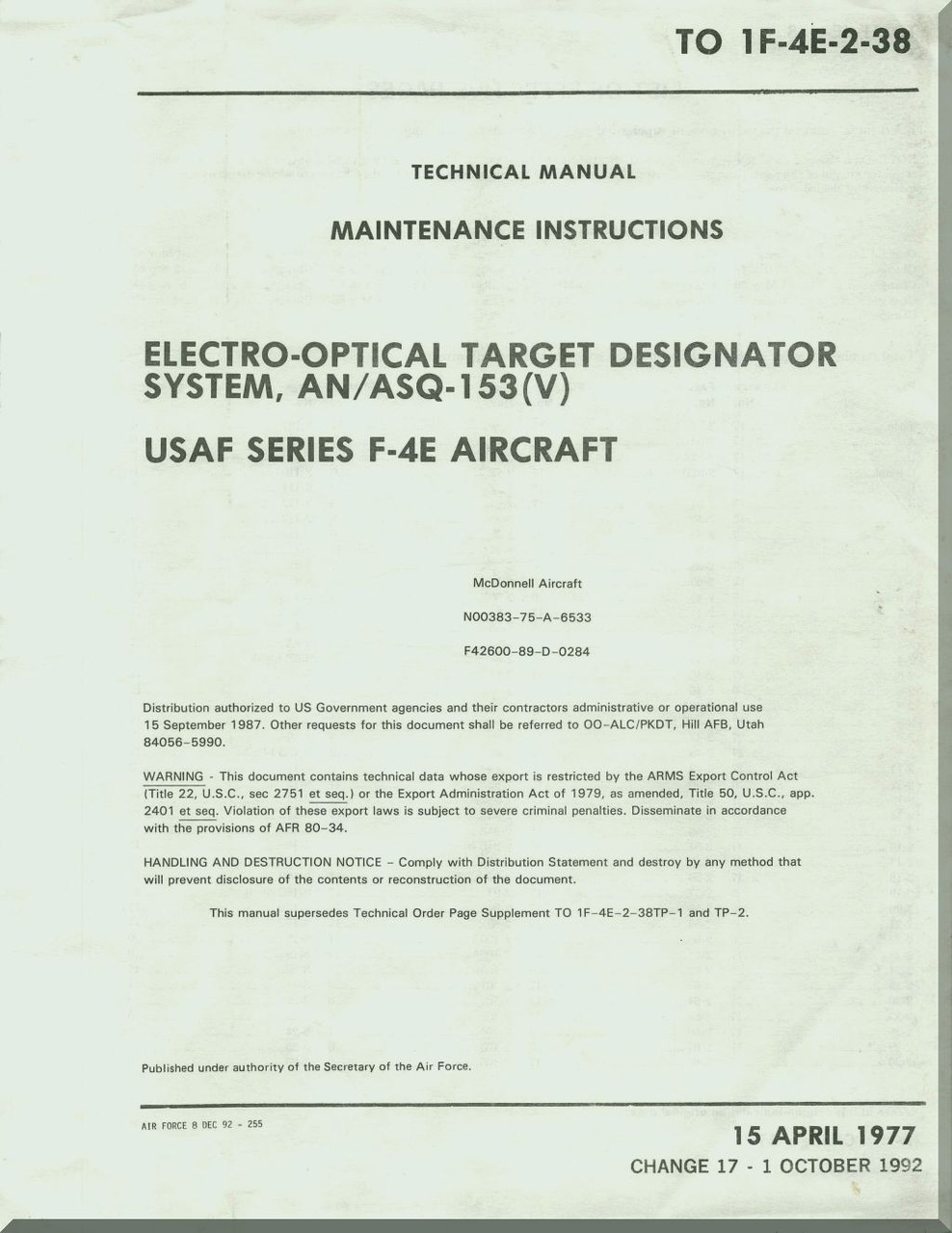 Mc Donnell Douglas F-4E, Aircraft Maintenance Instructions Manual ...