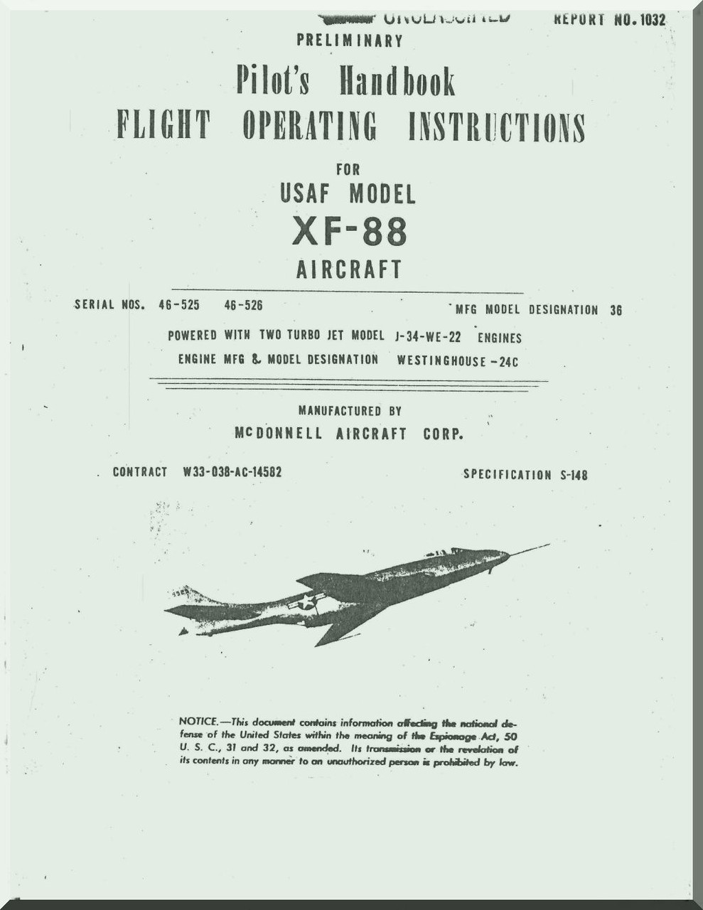 Mc Donnell XF-88 1 Aircraft Preliminary Flight Operating Instructions ...